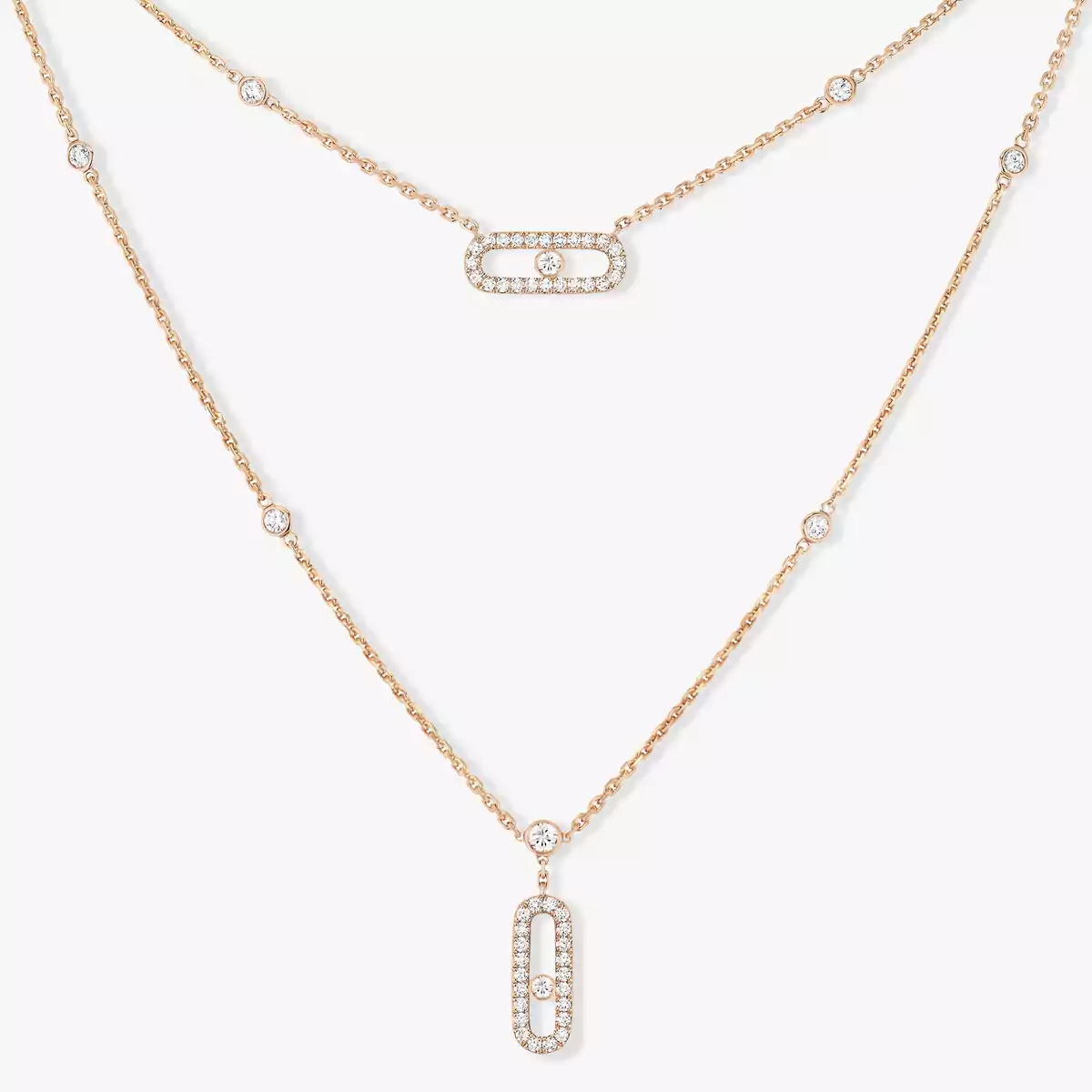 2 Rows Pink Gold Diamond Pave Necklace Move Uno Messika 07174 PG